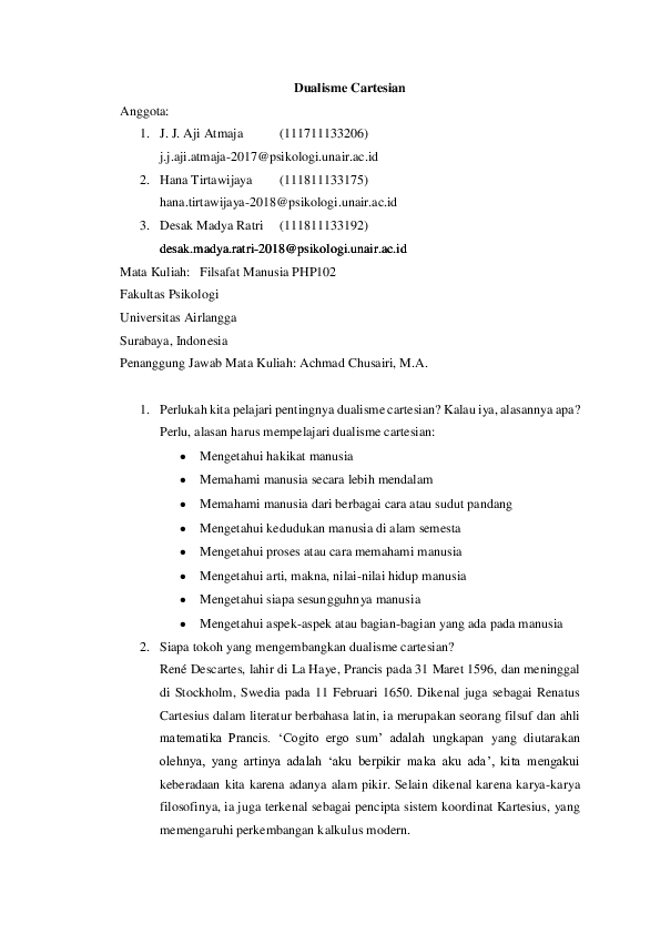 (DOC) Filsafat Manusia: Dualisme Cartesian