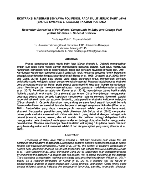 (PDF) EKSTRAKSI MASERASI SENYAWA POLIFENOL PADA KULIT JERUK BABY JAVA ...