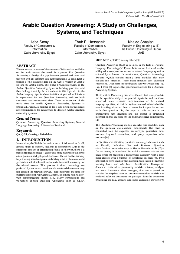 (PDF) Arabic Question Answering: A Study on Challenges, Systems, and ...