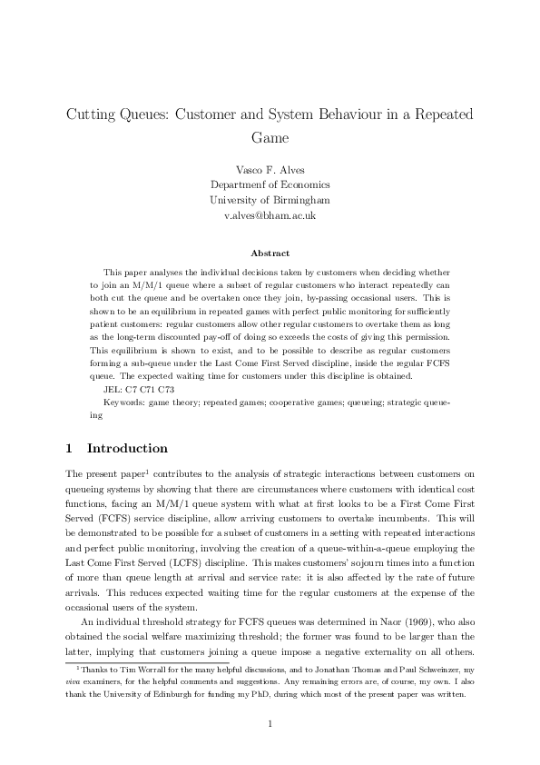 (PDF) Cutting Queues: Customer and System Behaviour in a Repeated Game