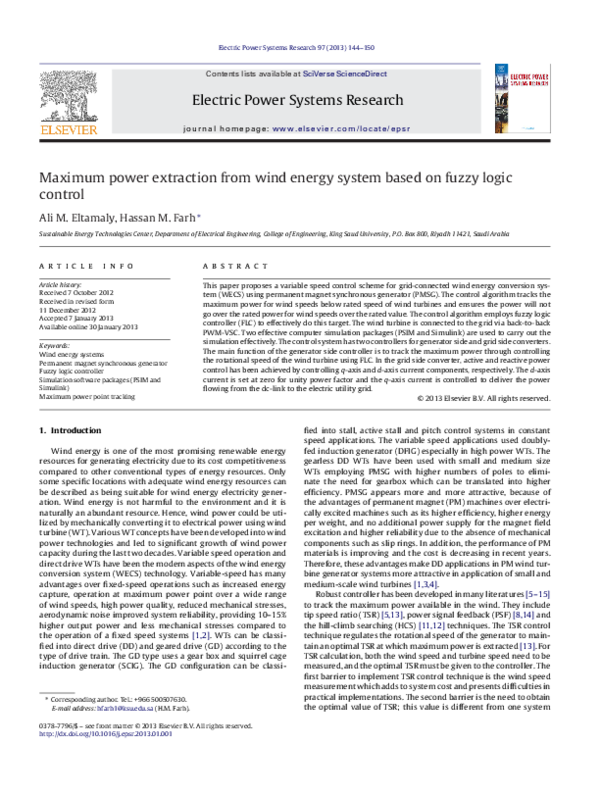 (PDF) Maximum power extraction from wind energy system based on fuzzy logic control