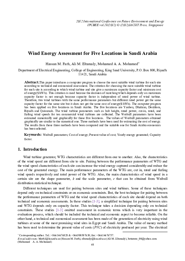 (PDF) Wind energy assessment for five locations in Saudi Arabia