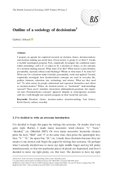 (PDF) Outline of a Sociology of Decisionism | gabriel abend - Academia.edu