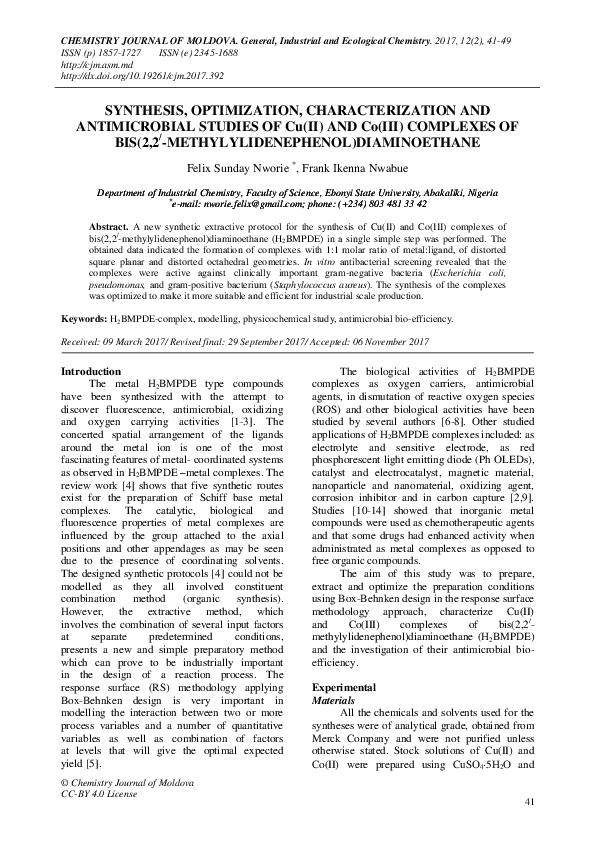(PDF) SYNTHESIS, OPTIMIZATION, CHARACTERIZATION AND ANTIMICROBIAL STUDIES OF Cu(II) AND Co(III ...