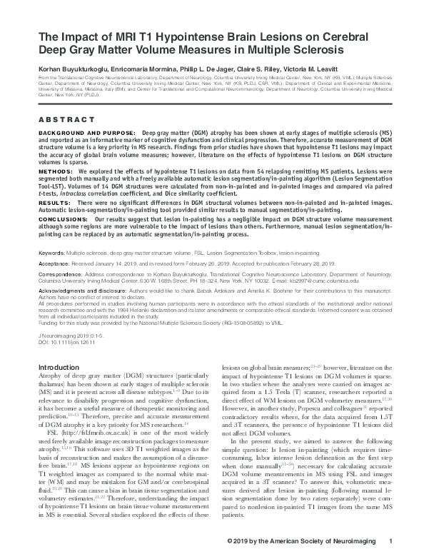(PDF) The Impact of MRI T1 Hypointense Brain Lesions on Cerebral Deep Gray Matter Volume ...
