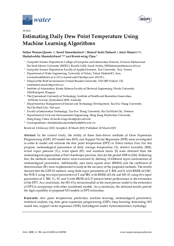 Pdf Estimating Daily Dew Point Temperature Using Machine Learning Algorithms