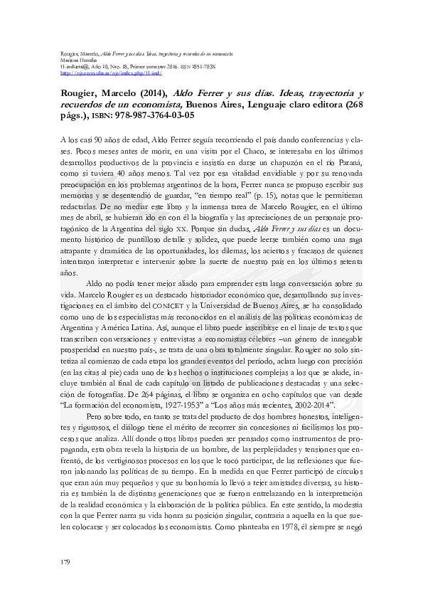 (PDF) Reseña de: Rougier, Marcelo (201), Aldo Ferrer y sus días. Ideas ...
