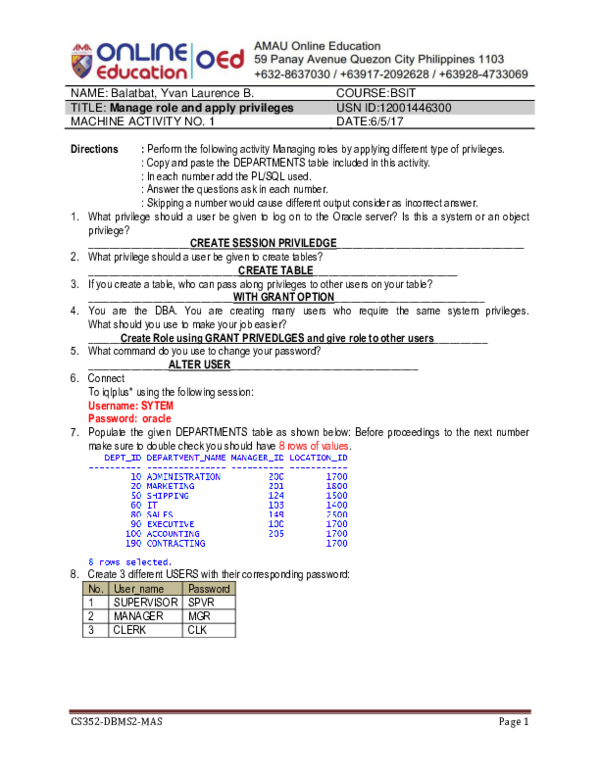 (DOC) Laboratory Exercise 001 - Managing Users and Roles