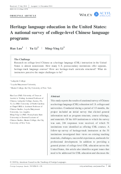 (PDF) Heritage Language Education in the U.S.: A National Survey of ...