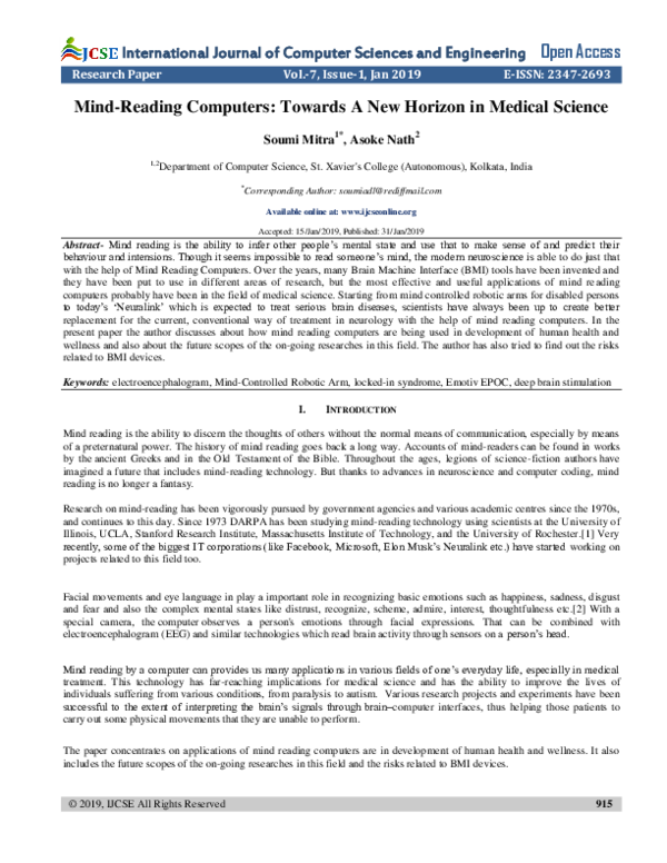 (PDF) Mind-Reading Computers: Towards A New Horizon in Medical Science