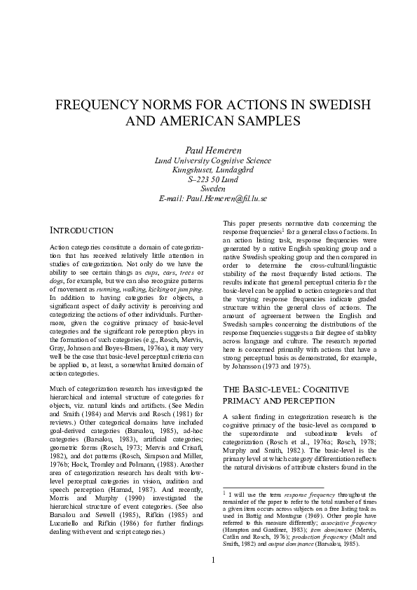 (PDF) Frequency Norms for Actions in Swedish and American Samples