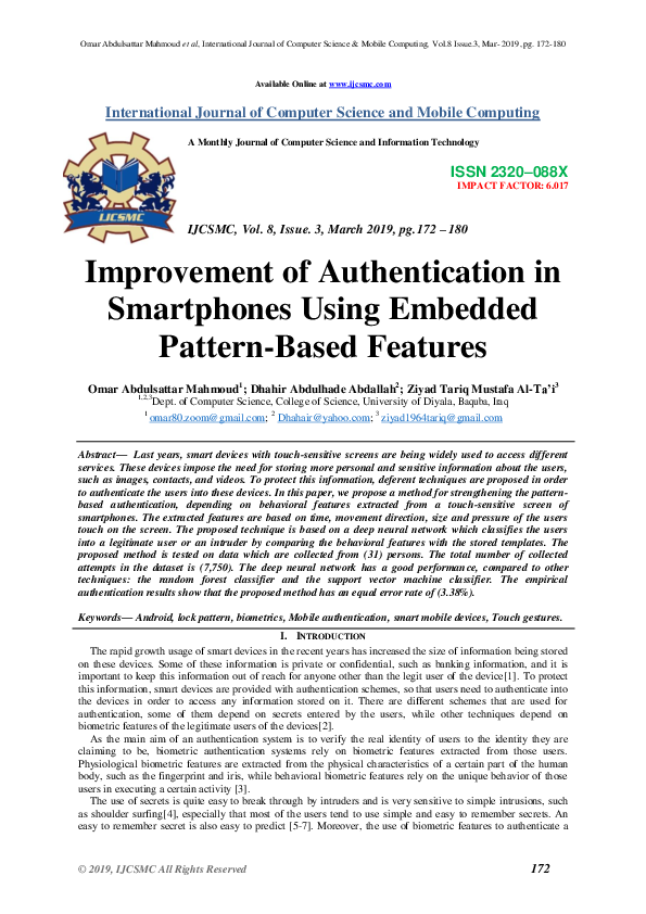 (PDF) Improvement of Authentication in Smartphones Using Embedded Pattern-Based Features ...