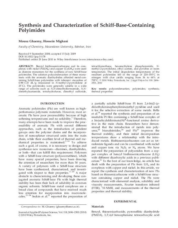 (PDF) Synthesis and Characterization of Schiff-Base-Containing Polyimides