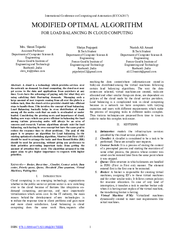 Pdf Modified Optimal Algorithm For Load Balancing In Cloud Computing