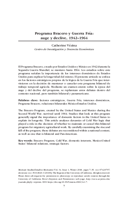 (PDF) Programa Bracero y Guerra Fría: auge y declive, 1942-1964