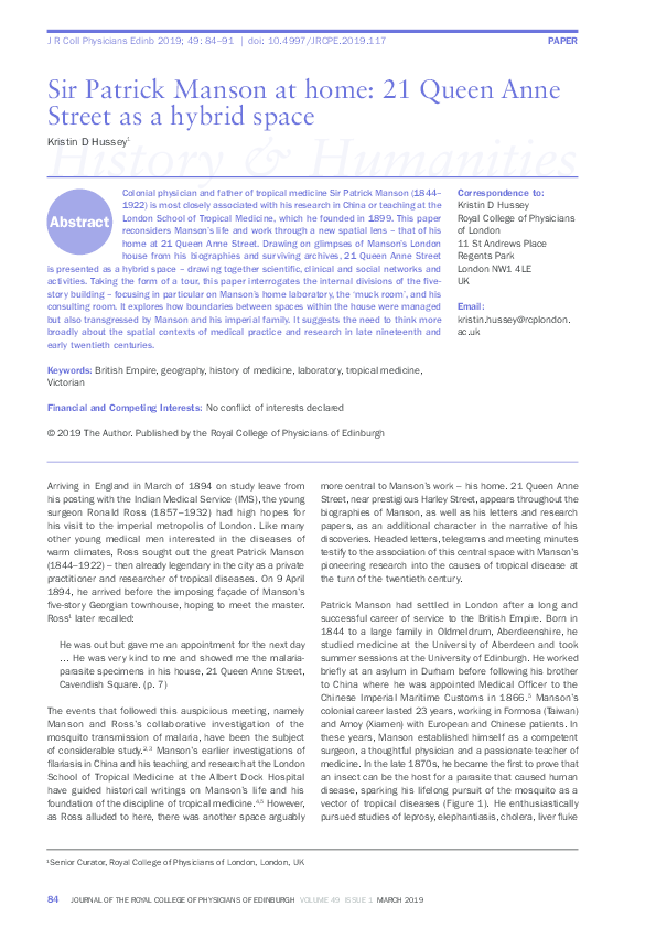 (PDF) Sir Patrick Manson at home: 21 Queen Anne Street as a hybrid space