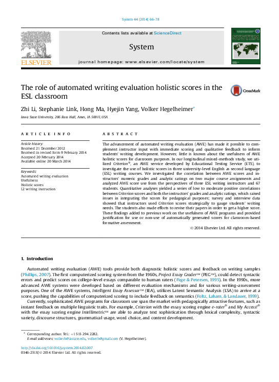 (PDF) The role of automated writing evaluation holistic scores in the ESL classroom | Hye Jin ...