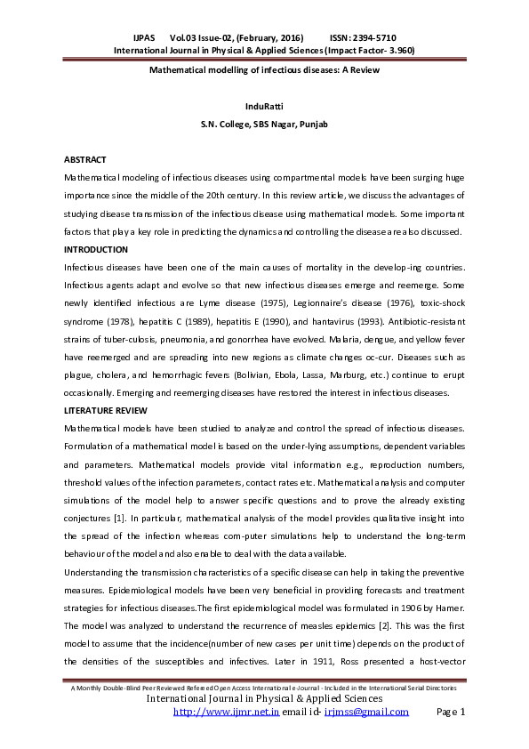 Pdf Mathematical Modelling Of Infectious Diseases A Review