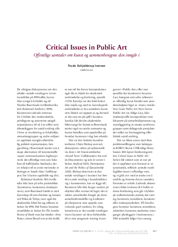 (PDF) Critical Issues in Public Art - Offentlige samtaler om kunst og ...