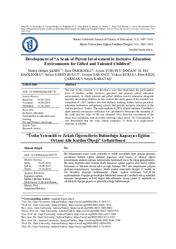(PDF) Development of "A Scale of Parent Involvement in Inclusive ...