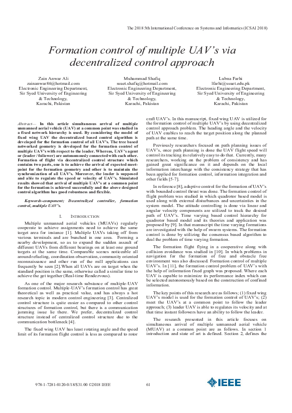 (PDF) Formation control of multiple UAV's via decentralized control approach