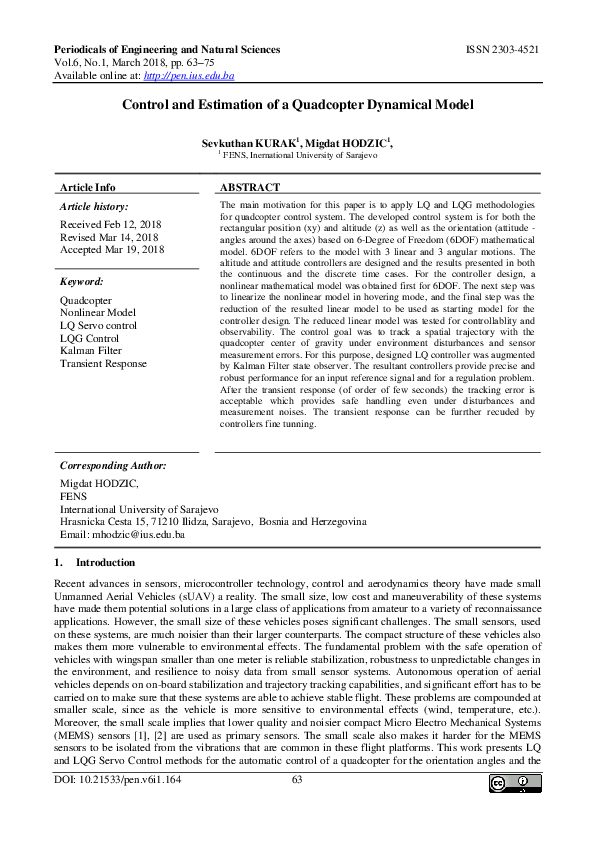 (PDF) Control and Estimation of a Quadcopter Dynamical Model