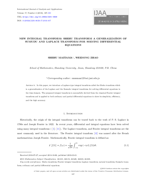 Pdf New Integral Transform Shehu Transform A Generalization Of Sumudu And Laplace Transform