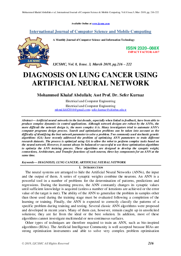 (PDF) DIAGNOSIS ON LUNG CANCER USING ARTIFICIAL NEURAL NETWORK﻿