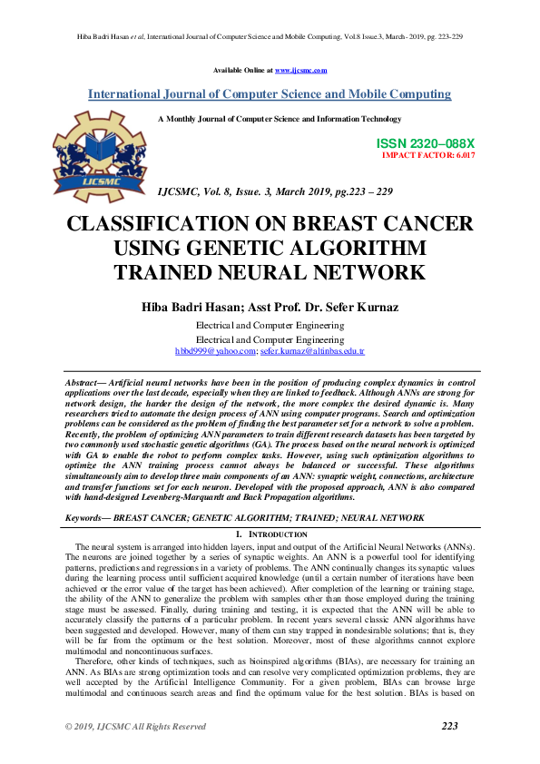(PDF) CLASSIFICATION ON BREAST CANCER USING GENETIC ALGORITHM TRAINED ...