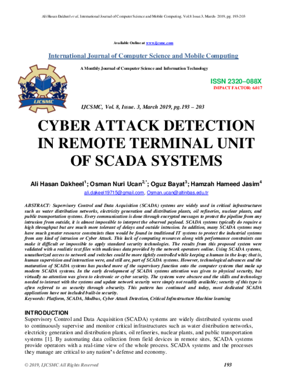 (PDF) CYBER ATTACK DETECTION IN REMOTE TERMINAL UNIT OF SCADA SYSTEMS