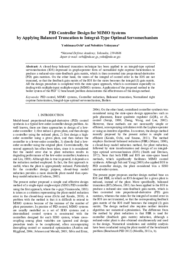 (PDF) PID Controller Design for MIMO Systems by Applying Balanced Truncation to Integral-Type ...