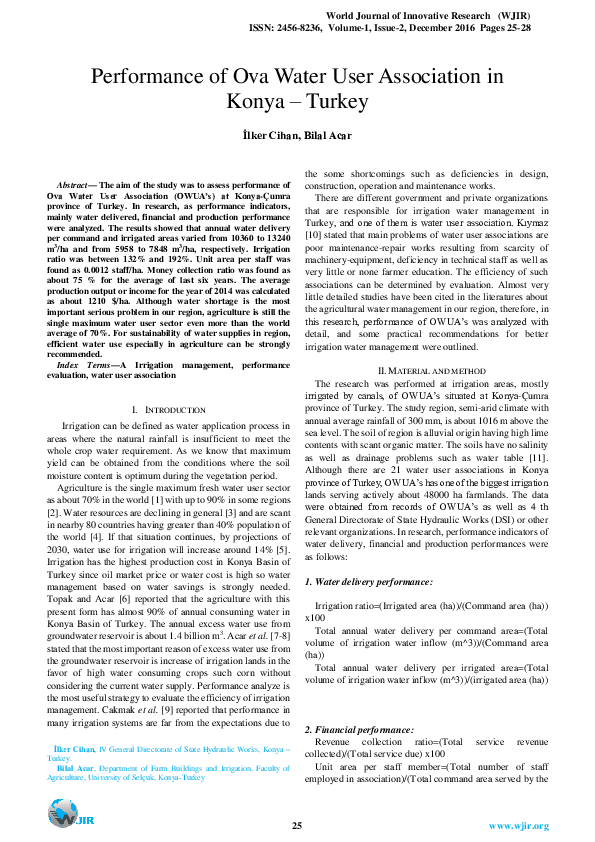 (PDF) Performance of Ova Water User Association in Konya – Turkey