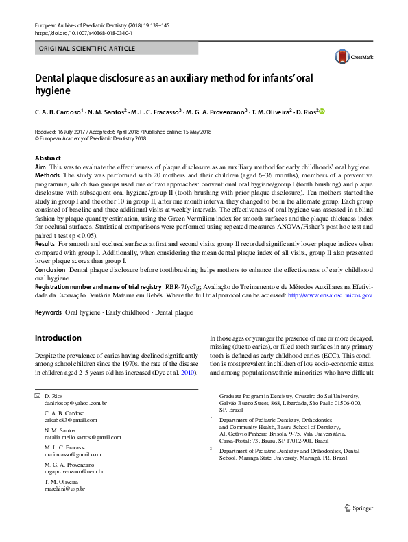 (PDF) Dental plaque disclosure as an auxiliary method for infants' oral ...