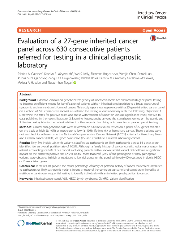 (PDF) Evaluation of a 27-gene inherited cancer panel across 630 ...