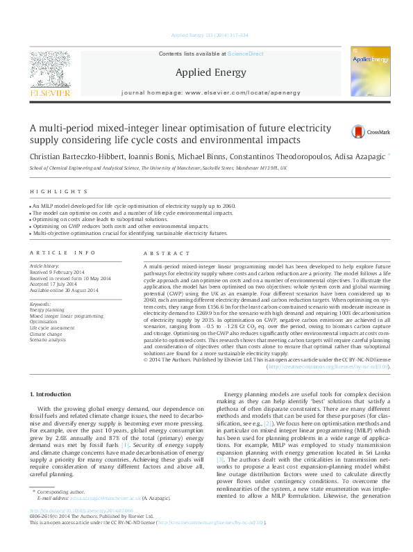 Pdf A Multi Period Mixed Integer Linear Optimisation Of Future Electricity Supply Considering