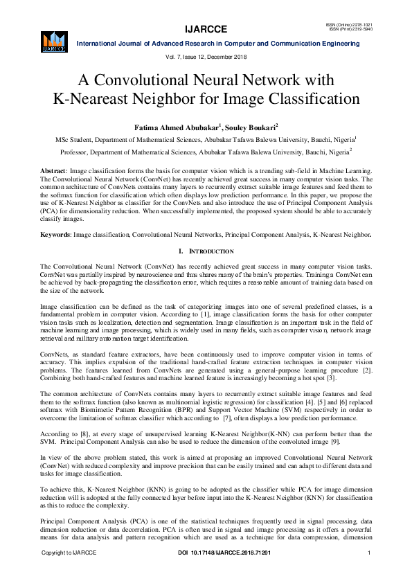 (PDF) IJARCCE A Convolutional Neural Network with K-Neareast Neighbor for Image Classification