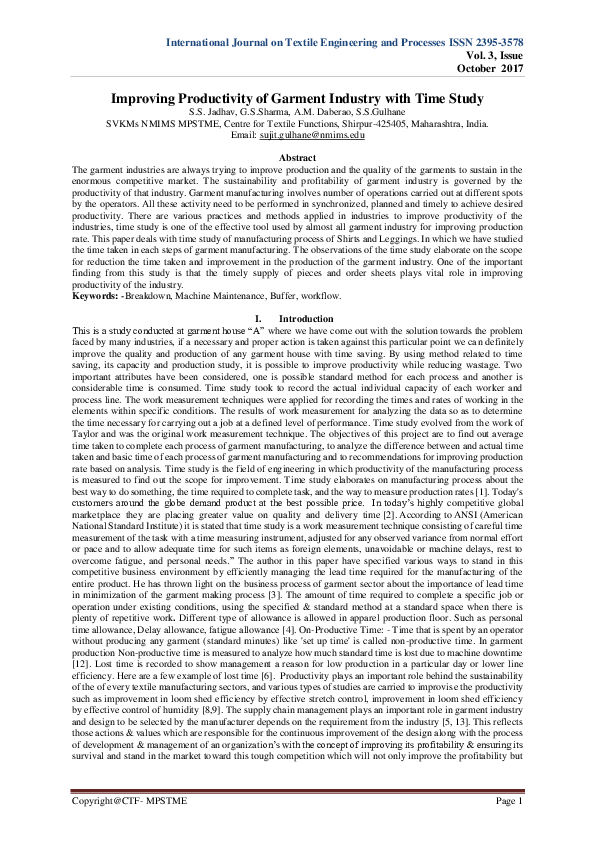 (PDF) Improving Productivity of Garment Industry with Time Study