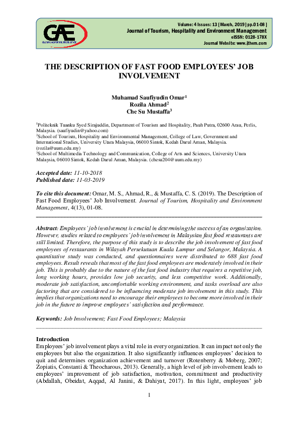 (PDF) THE DESCRIPTION OF FAST FOOD EMPLOYEES' JOB INVOLVEMENT