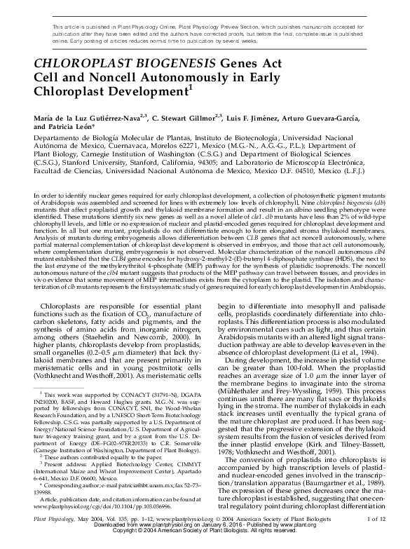 (PDF) CHLOROPLAST BIOGENESIS Genes Act Cell and Noncell Autonomously in ...
