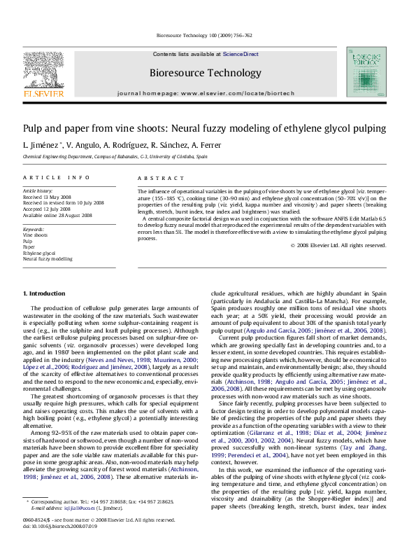 (PDF) Pulp and paper from vine shoots: Neural fuzzy modeling of ethylene glycol pulping | luis ...