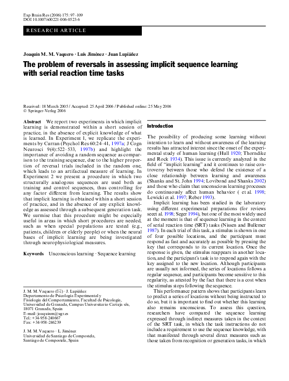 (PDF) The problem of reversals in assessing implicit sequence learning with serial reaction time ...
