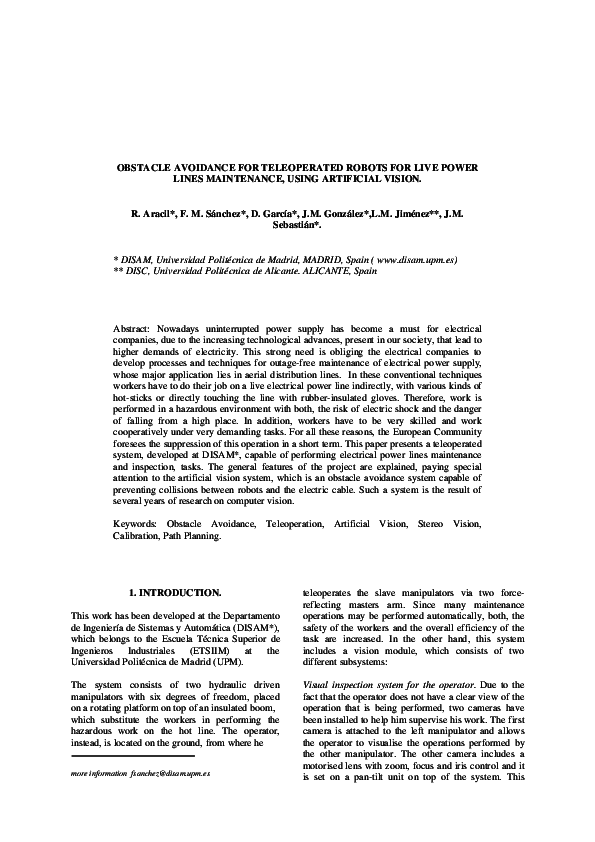 Pdf Obstacle Avoidance For Teleoperated Robots For Live Power Lines Maintenance Using