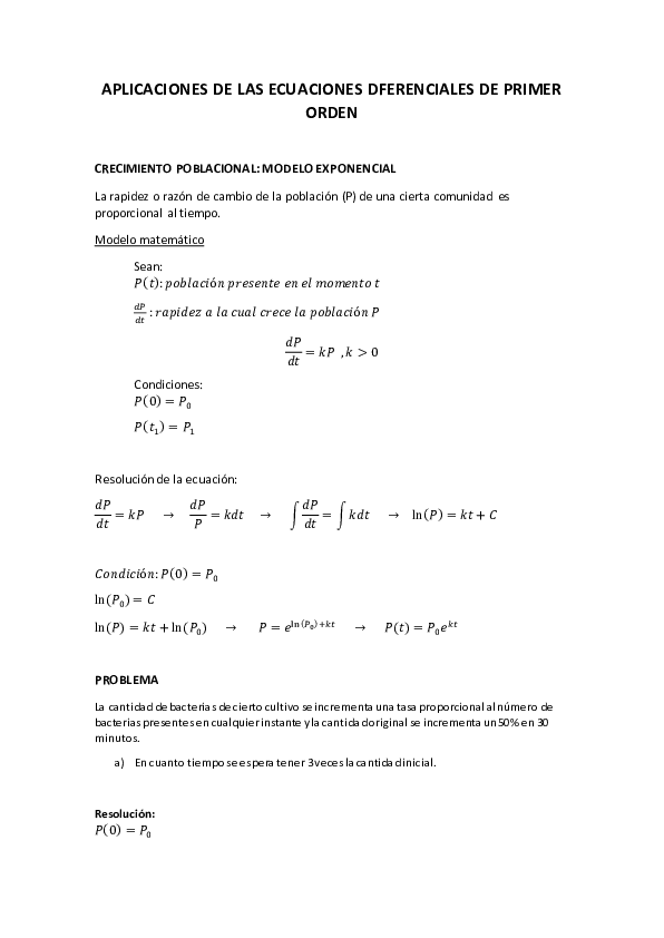 (PDF) APLICACIONES DE LAS ECUACIONES DiFERENCIALES DE PRIMER ORDEN