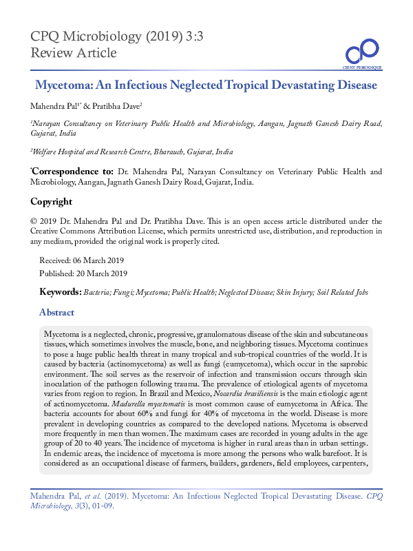 (PDF) Mycetoma: An Infectious Neglected Tropical Devastating Disease