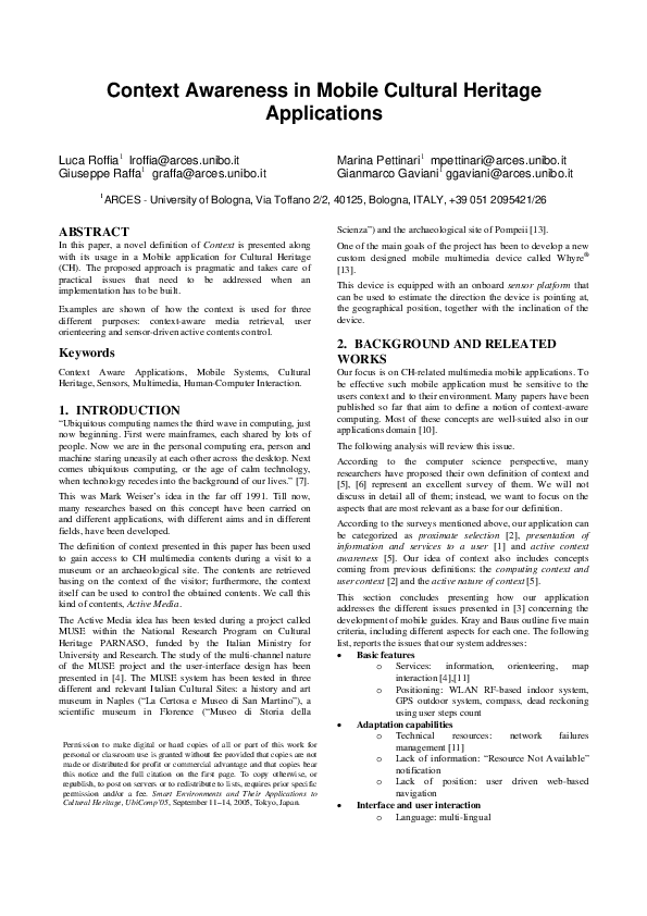 (PDF) Context awareness in mobile cultural heritage applications