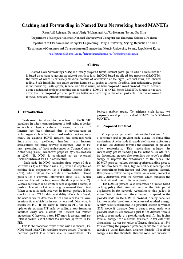 Pdf Caching And Forwarding In Named Data Networking Based Manets Rana Asif Rehman
