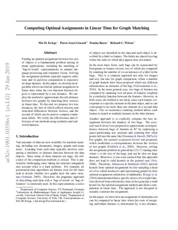 Pdf Computing Optimal Assignments In Linear Time For Graph Matching