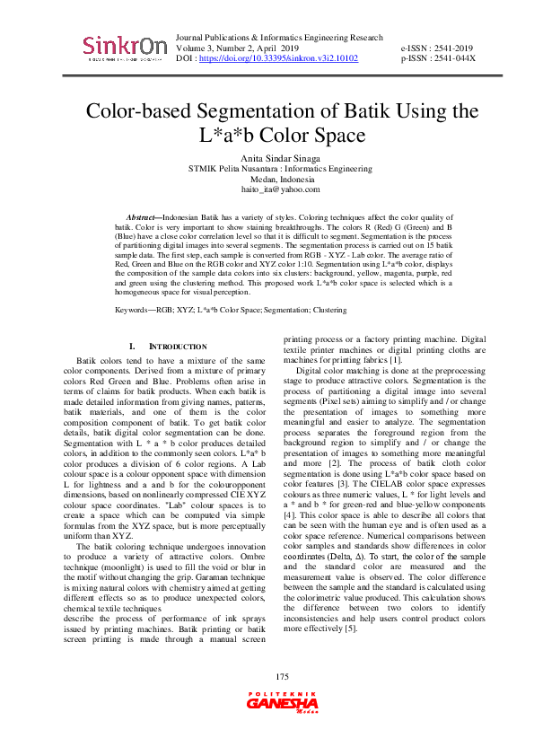 Pdf Color Based Segmentation Of Batik Using The Lab Color Space