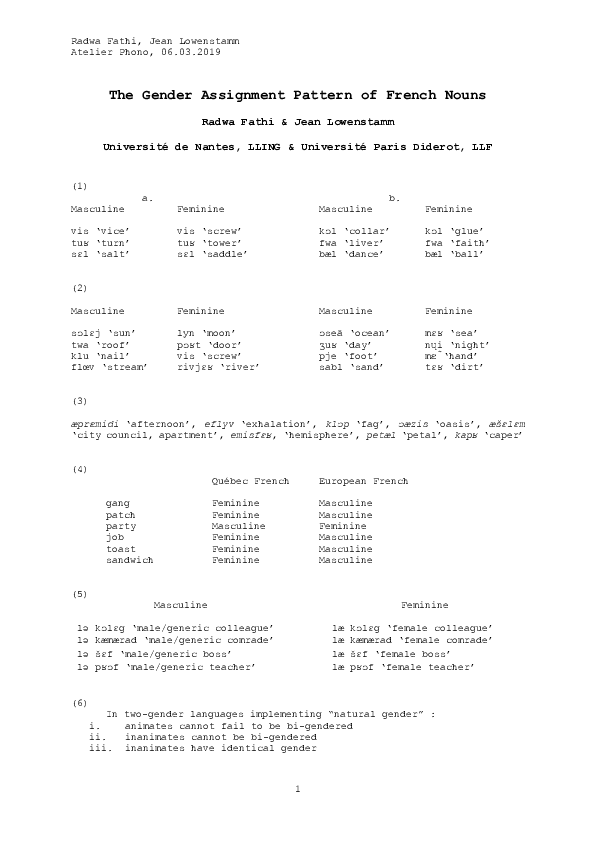 (PDF) The Gender Assignment Pattern of French Nouns