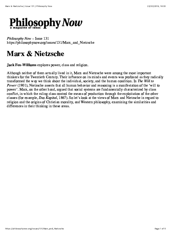 (PDF) Nietzsche and Marx (published in Philosophy Now)